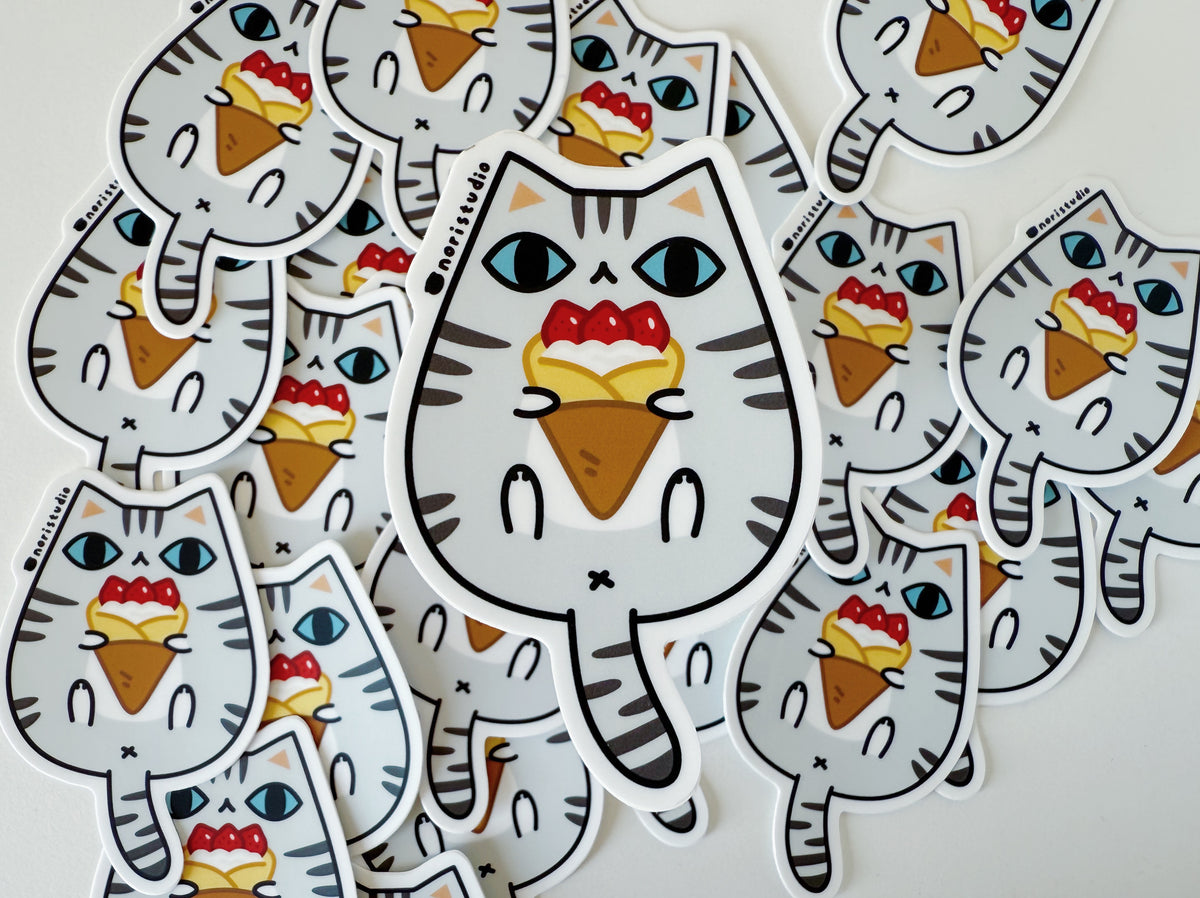 Silver Tabby Cat with Strawberry Crepe Vinyl Sticker | – Noristudio