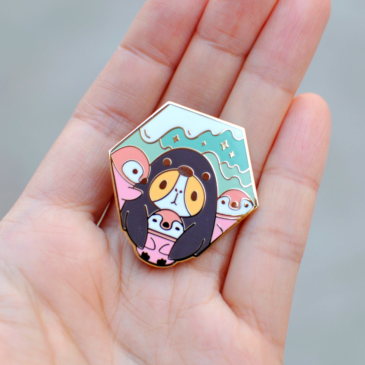 Bubu the Guinea Pig Penguin with Baby Penguins Enamel Pin, 18K gold ...