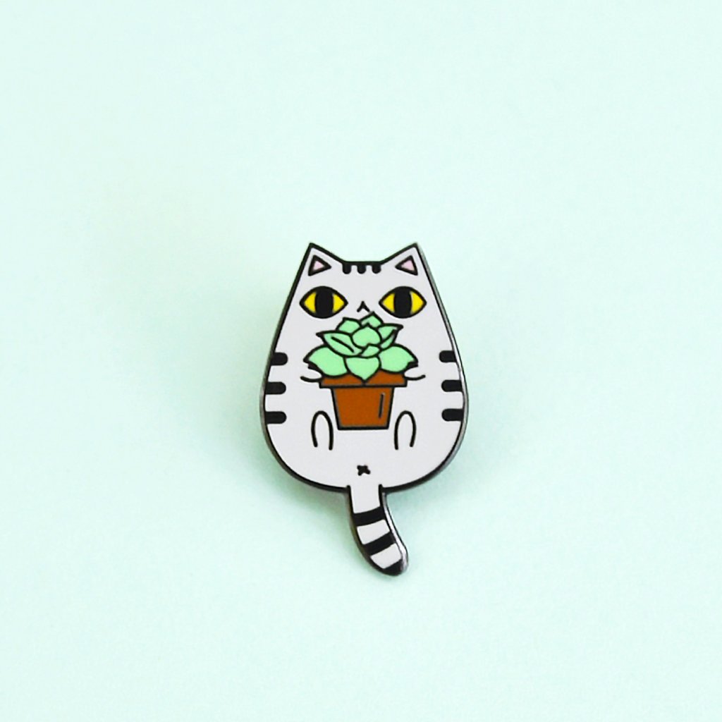 Gray Tabby Cat and Succulent Plant Enamel Pin – Noristudio